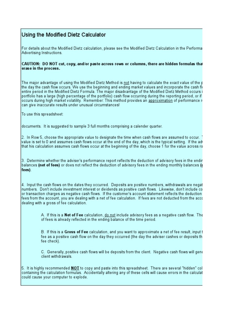 Modified Dietz Calculator | Spreadsheet | Market (Economics)