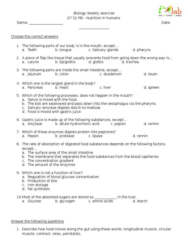 G7 Nutrition in Humans Weekly Exercise | PDF | Digestion | Stomach