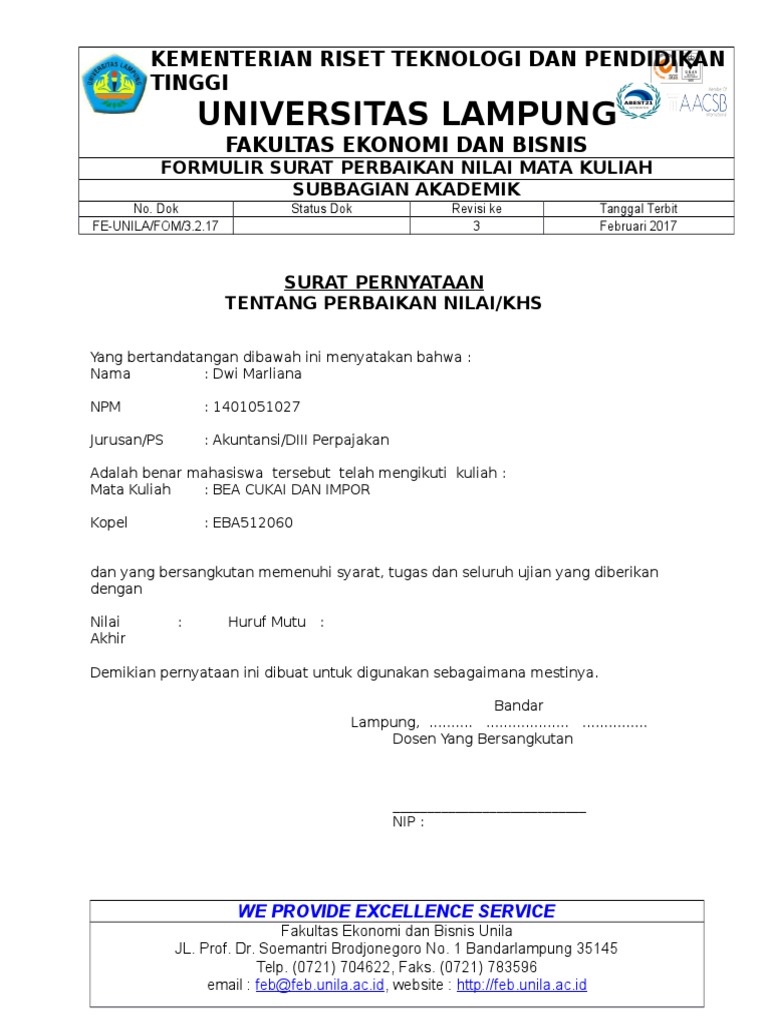 Surat Permohonan Perbaikan Nilai | PDF