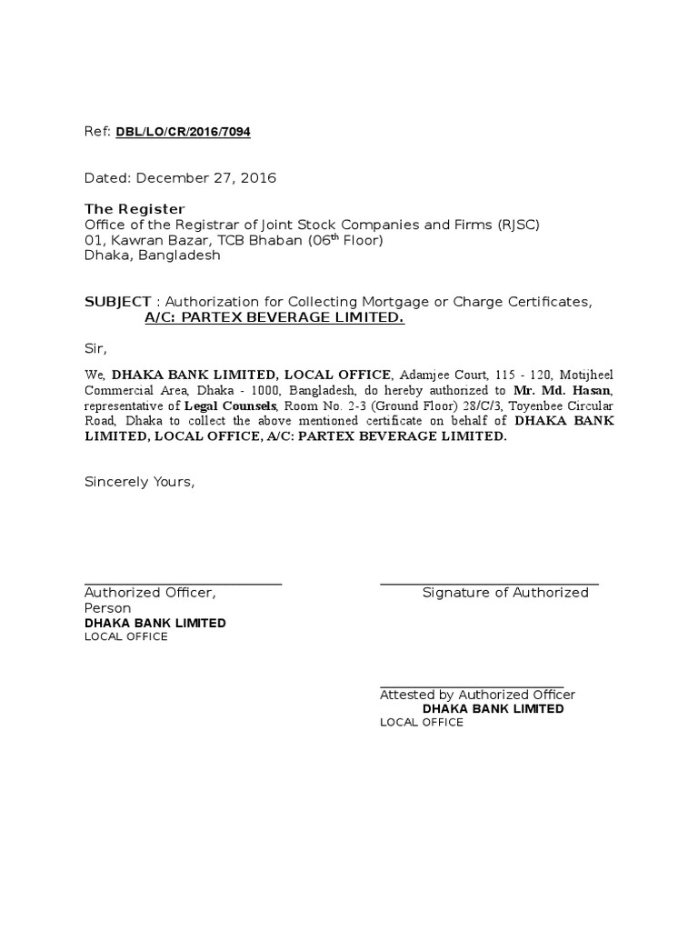 Authorization Letter - RJSC | PDF