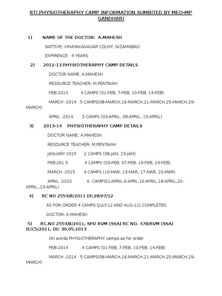 Rti Physiotheraphy Camp Information Sumbited by Meo | PDF