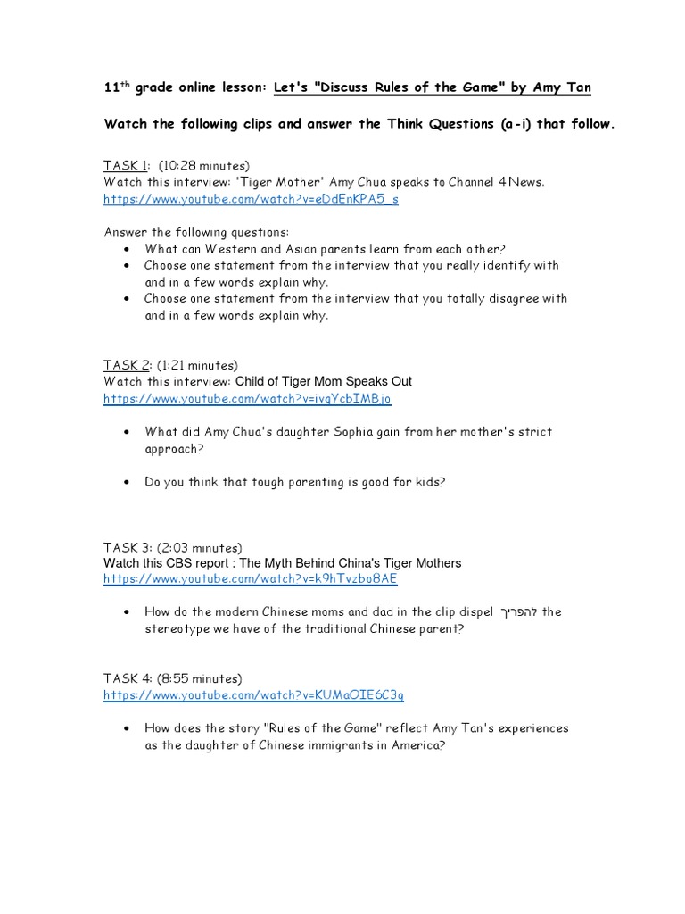 11th Grade Online Lesson On Rules of The Game Amy Tan | PDF