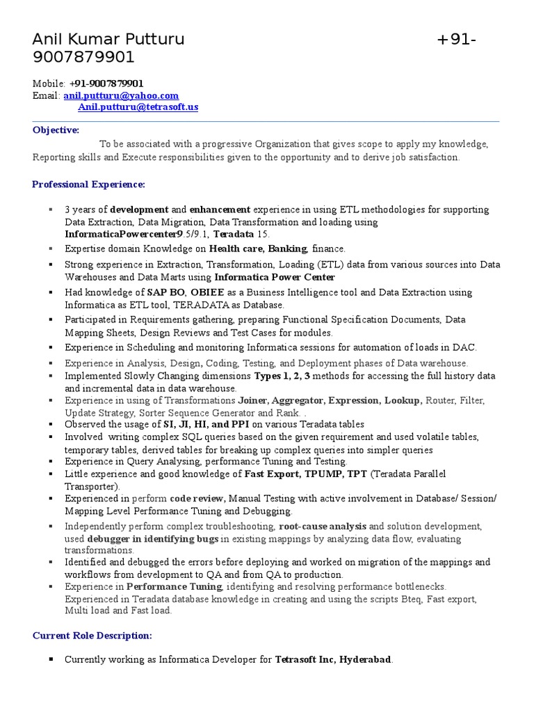 Resume template for Teradata | Data Warehouse | Business Intelligence