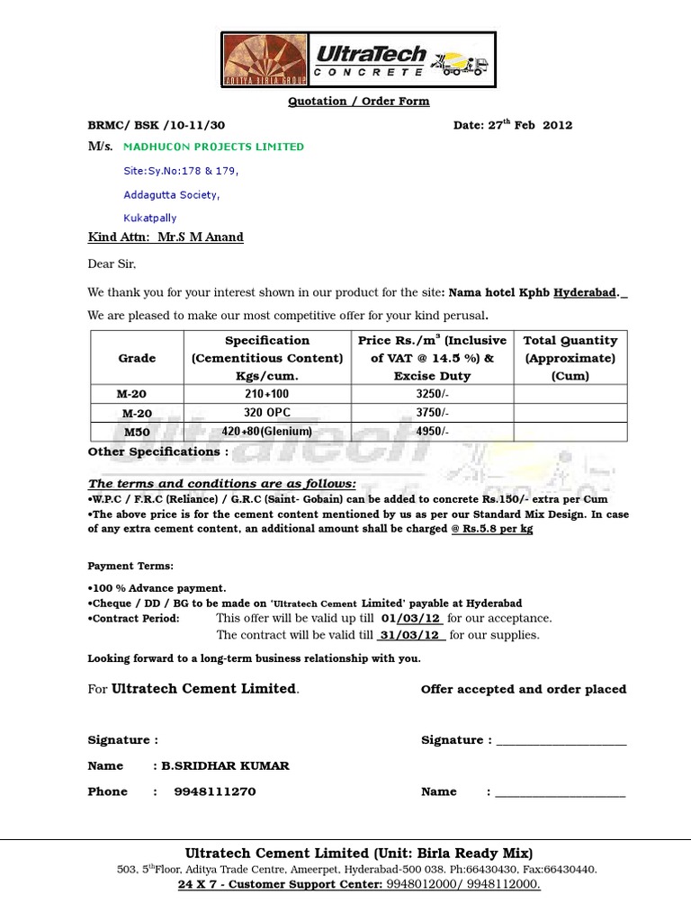 Ultratech RMC - Quotation - Madhucon Projects - 28.02.2011 | PDF ...