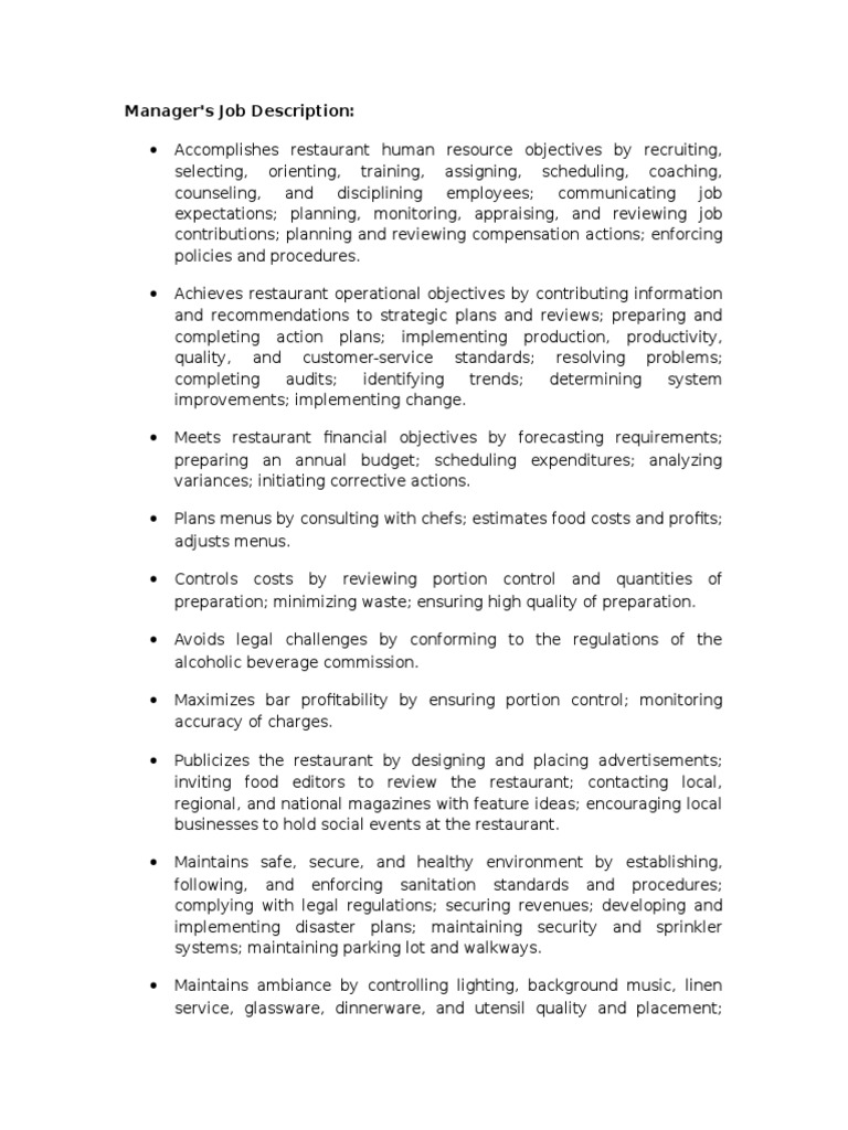 Manager's Job Description | PDF | Fair Labor Standards Act | Employment
