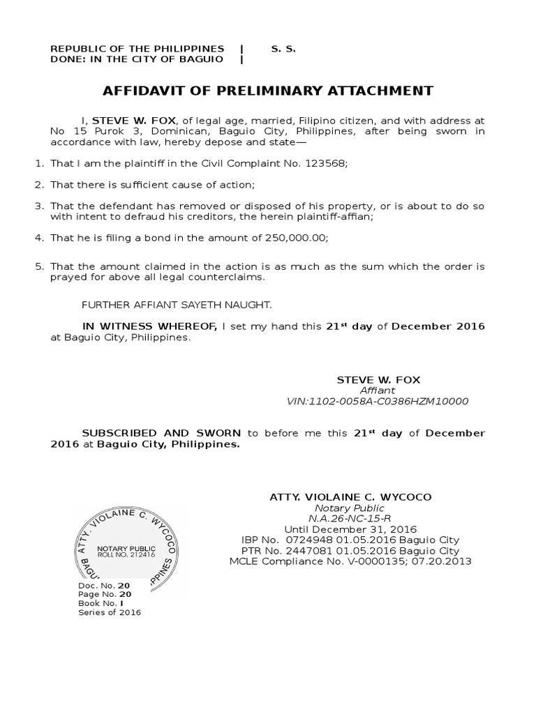 Affidavit of Preliminary Attachment: Republic of The Philippines - S. S. Done: in The City of ...