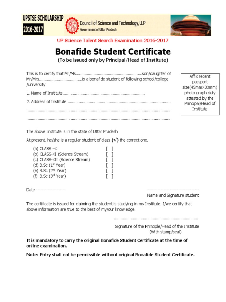 Bonafide Student Certificate: (To Be Issued Only by Principal/Head of ...