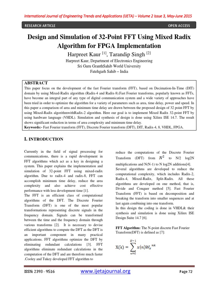 Design And Simulation Of 32 Point Fft Using Mixed Radix Algorithm For Fpga Implementation Pdf 4499