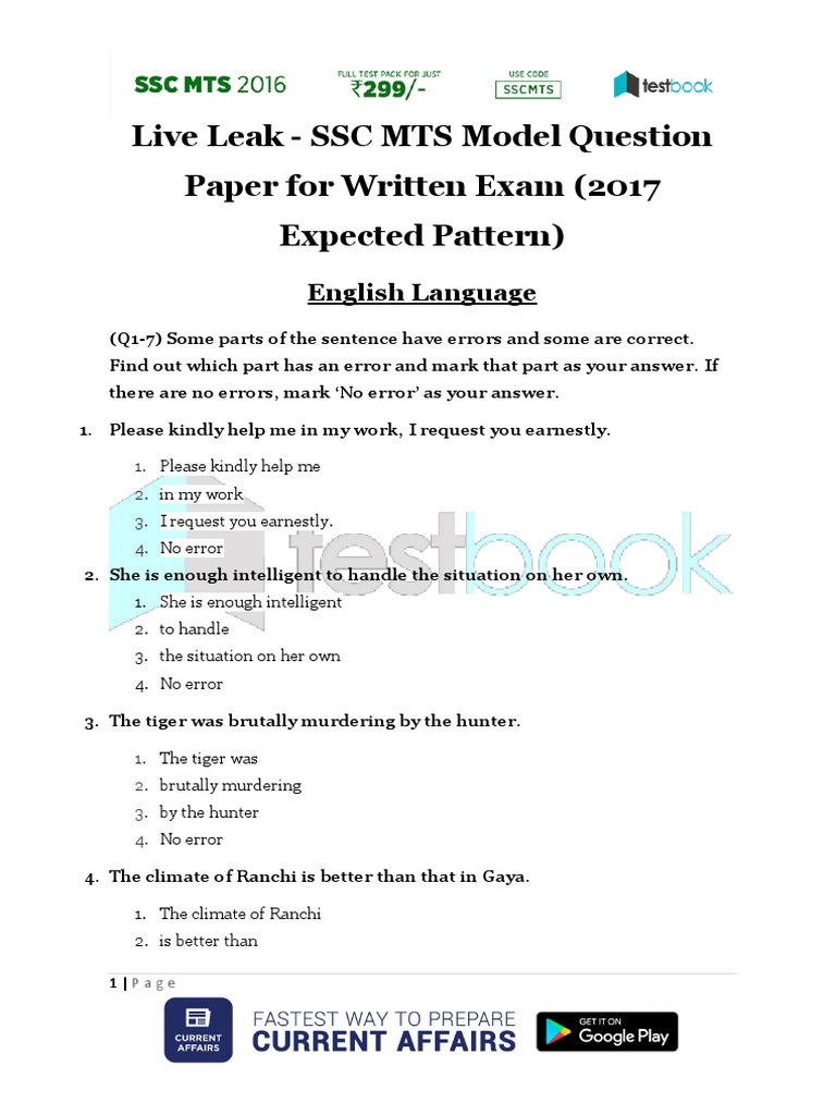 Live Leak - SSC MTS Model Question Paper for Written Exam (2017 ...