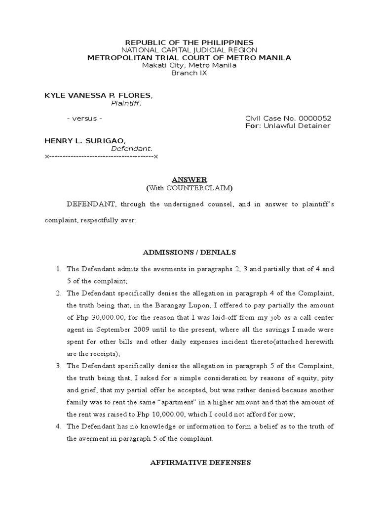 Answer To Ejectment Complaint | PDF | Complaint | Lawsuit