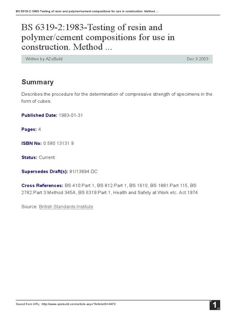 BS 6319 21983 Testing of Resin and Polymercement Compositions For Use ...