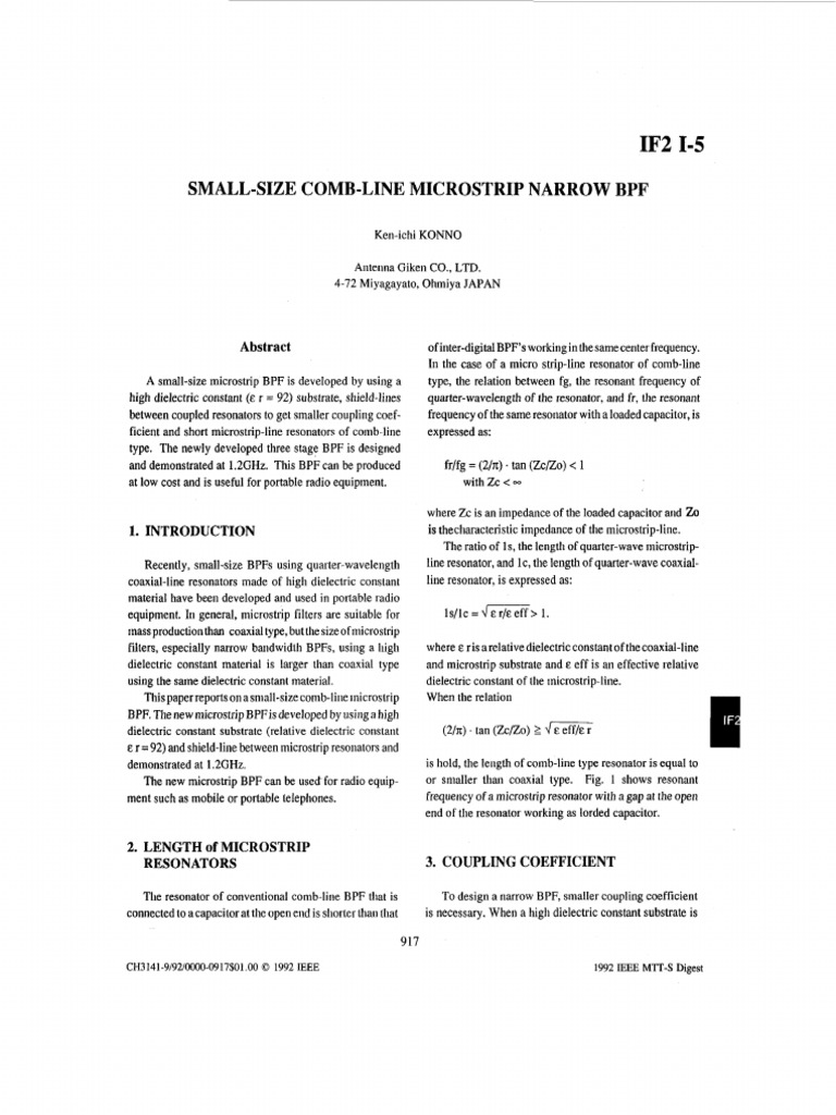 Small-Size Comb-Line Microstrip Narrow BPF | PDF | Electronic Filter ...