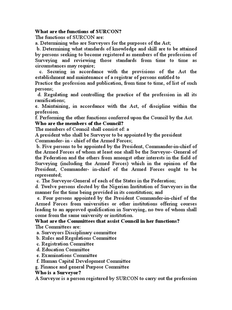 What Are The Functions of SURCON? | PDF | Surveying | Commander In Chief