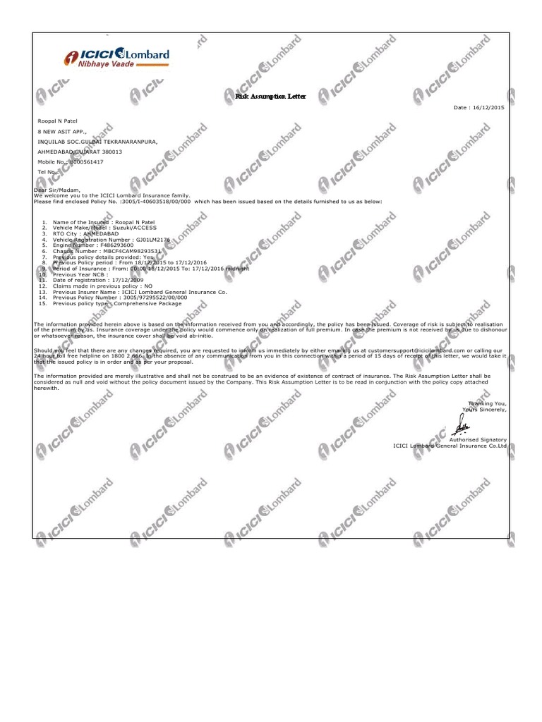 Risk Assumption Letter | Download Free PDF | Misrepresentation | Insurance