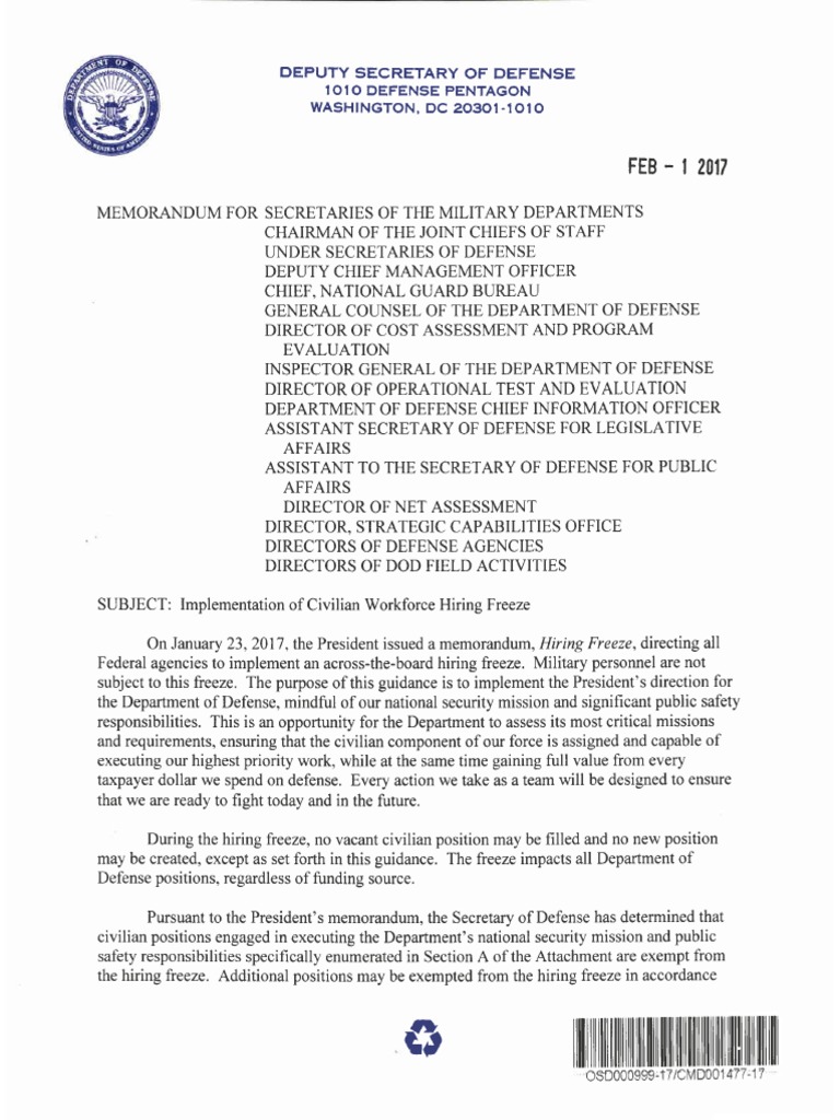 Pentagon Memo On Hiring Freeze | PDF