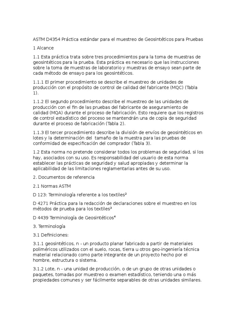 ASTM D4354 Práctica Estándar para El Muestreo de Geosintéticos para Pruebas | PDF | Muestreo ...