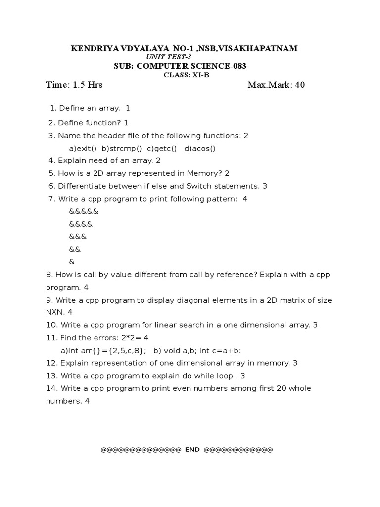Time: 1.5 HRS: Kendriya Vdyalaya No-1, NSB, Visakhapatnam Sub: Computer ...