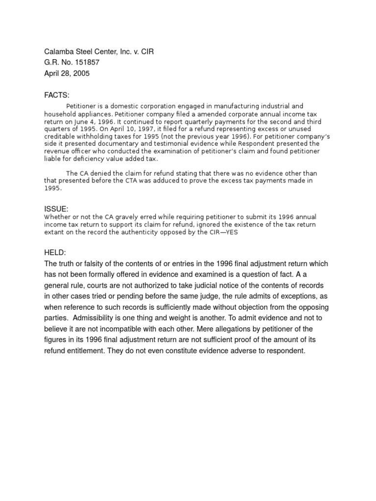 Calamba Steel v. CIR Case Digest | PDF