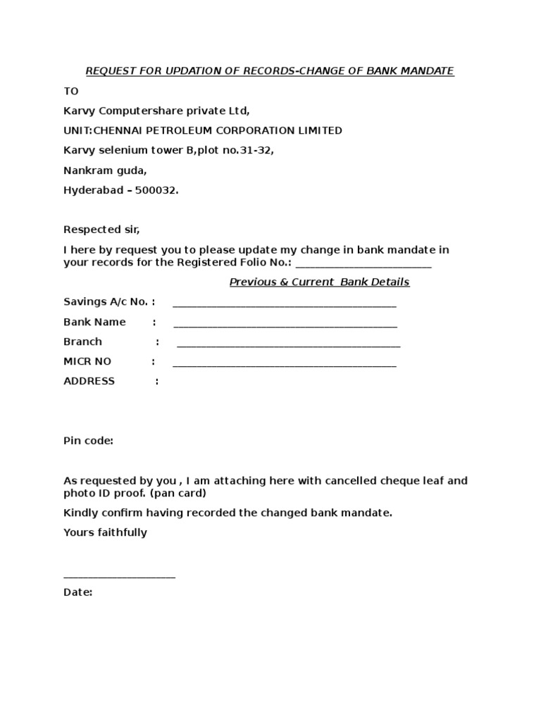 Request For Updation of Records-Change of Bank Mandate | PDF | Career ...
