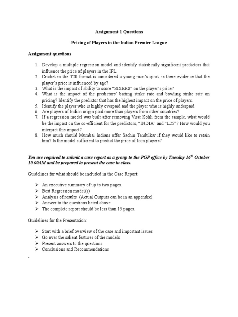 Assignment 1 Questions Pricing of Players in The Indian Premier League ...