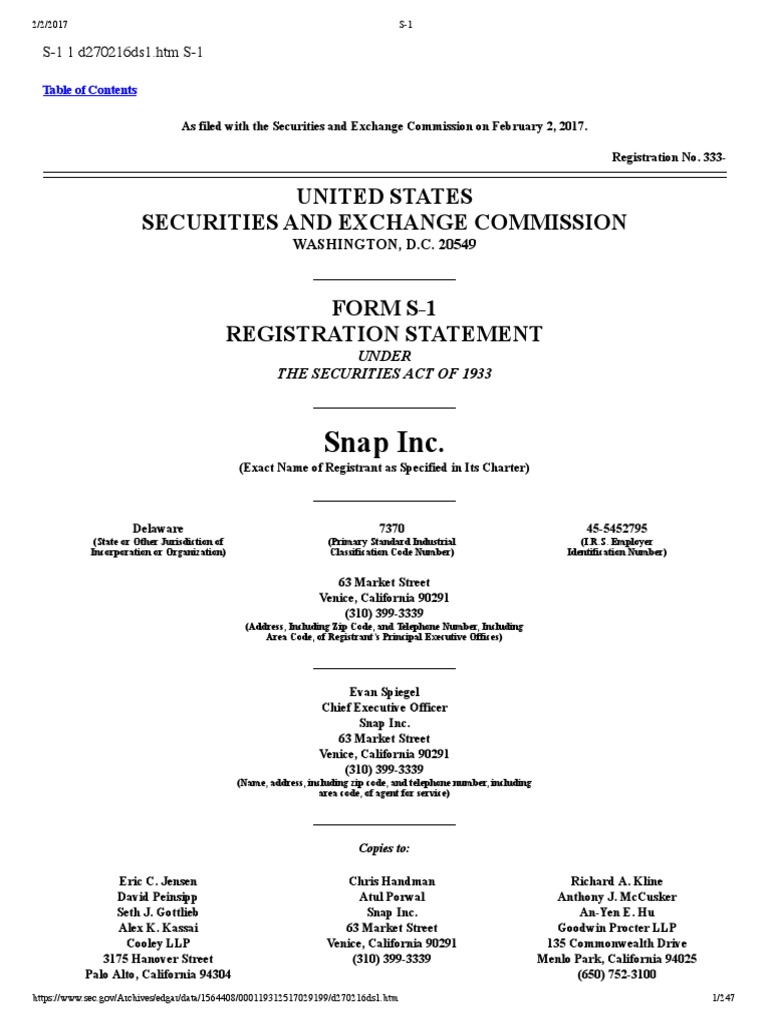 Snapchat S-1 Filing | PDF | Snapchat | Securities Act Of 1933