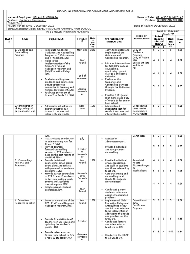 SAMPLE IPCRF | Secondary School | Further Education