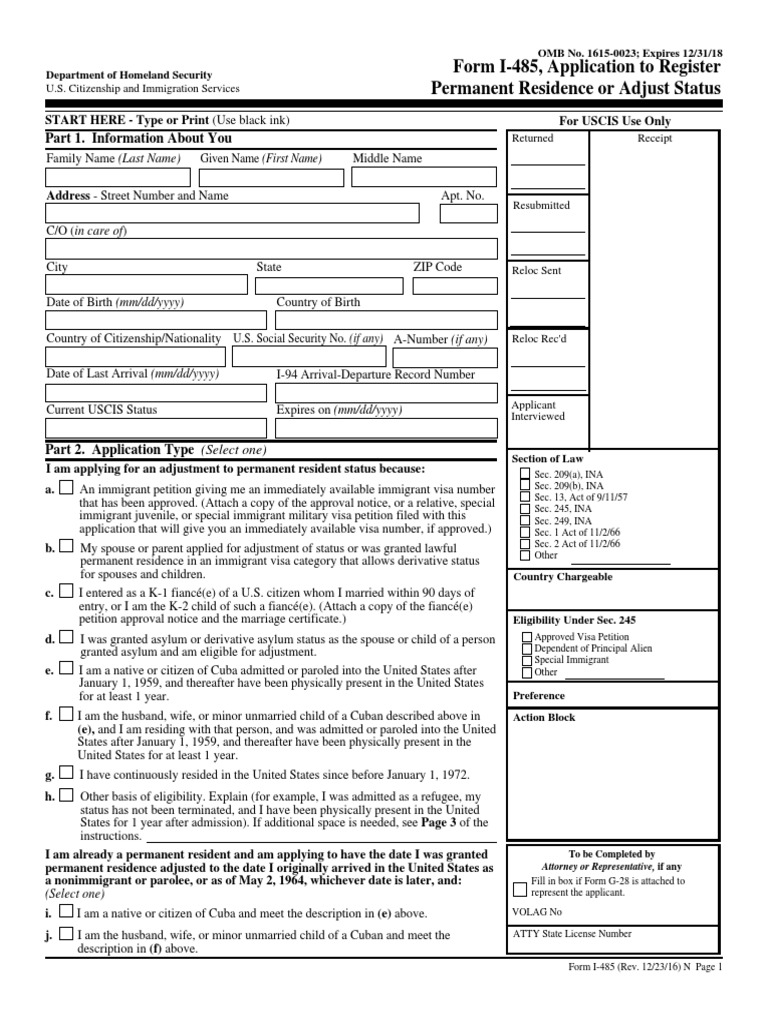 Form I-485, Application To Register Permanent Residence or Adjust ...