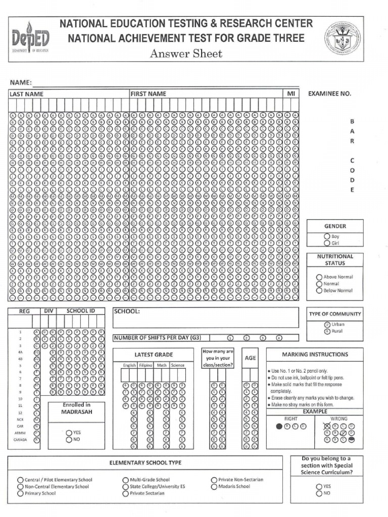 NAT Answer Sheets and School Header For g3 g6 Y4 PDF | PDF