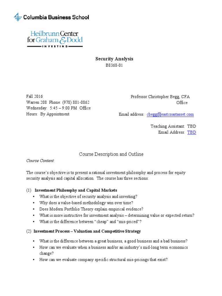 Security Analysis (Begg) FA2016 | PDF | Valuation (Finance) | Investing