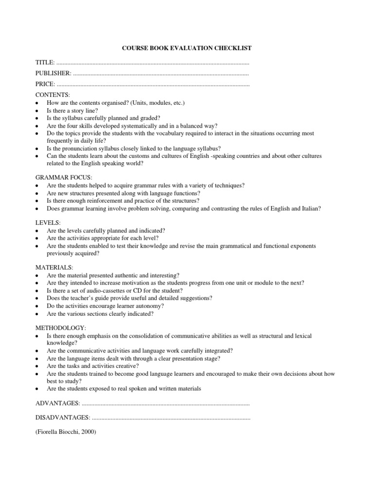 Course Book Evaluation CheckList | PDF | English Language | Learning