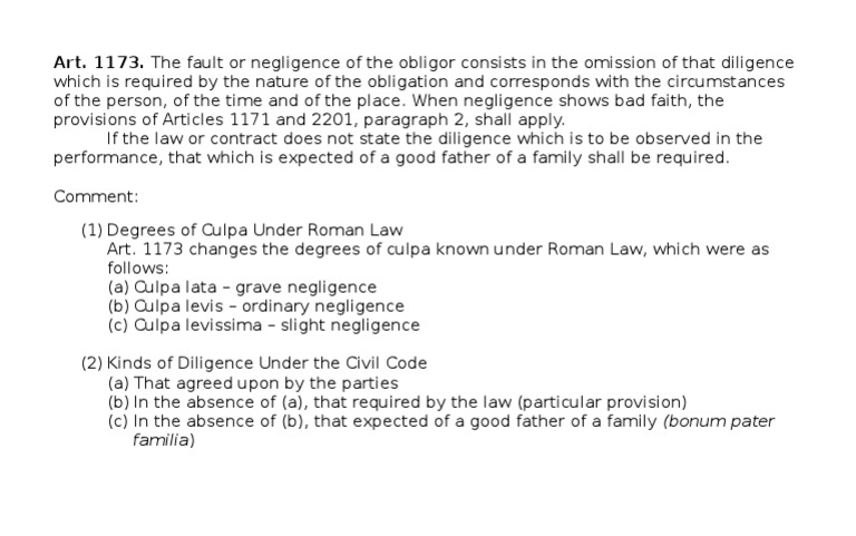 Art. 1173. The Fault or Negligence of The Obligor Consists in The ...