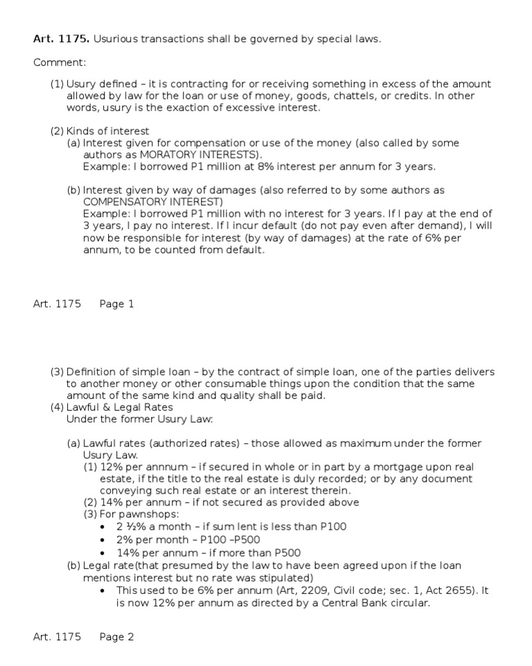 Art. 1175. Usurious Transactions Shall Be Governed by Special Laws ...