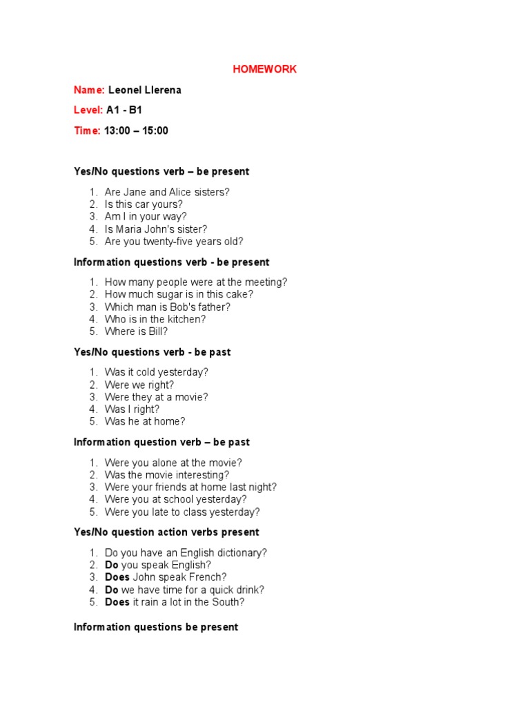 Leonel Llerena A1 - B1 13:00 - 15:00: Homework Name: Level: Time | PDF | Linguistic Typology ...