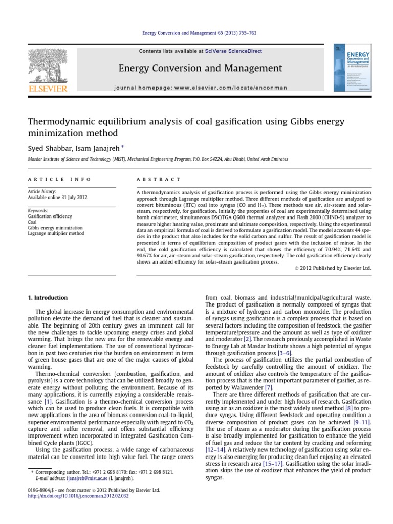 Thermodynamic Equilibrium Analysis of Coal Gasi Cation Using Gibbs ...