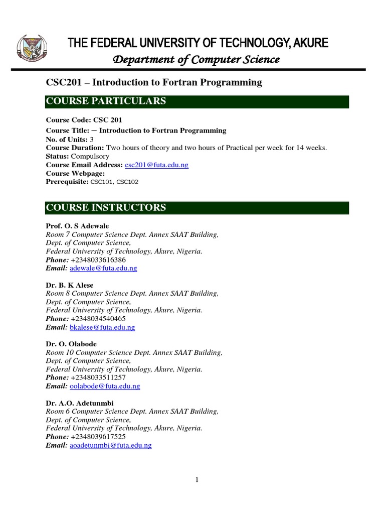 CSC201 - Introduction To Fortran Programming: Course Particulars | PDF ...