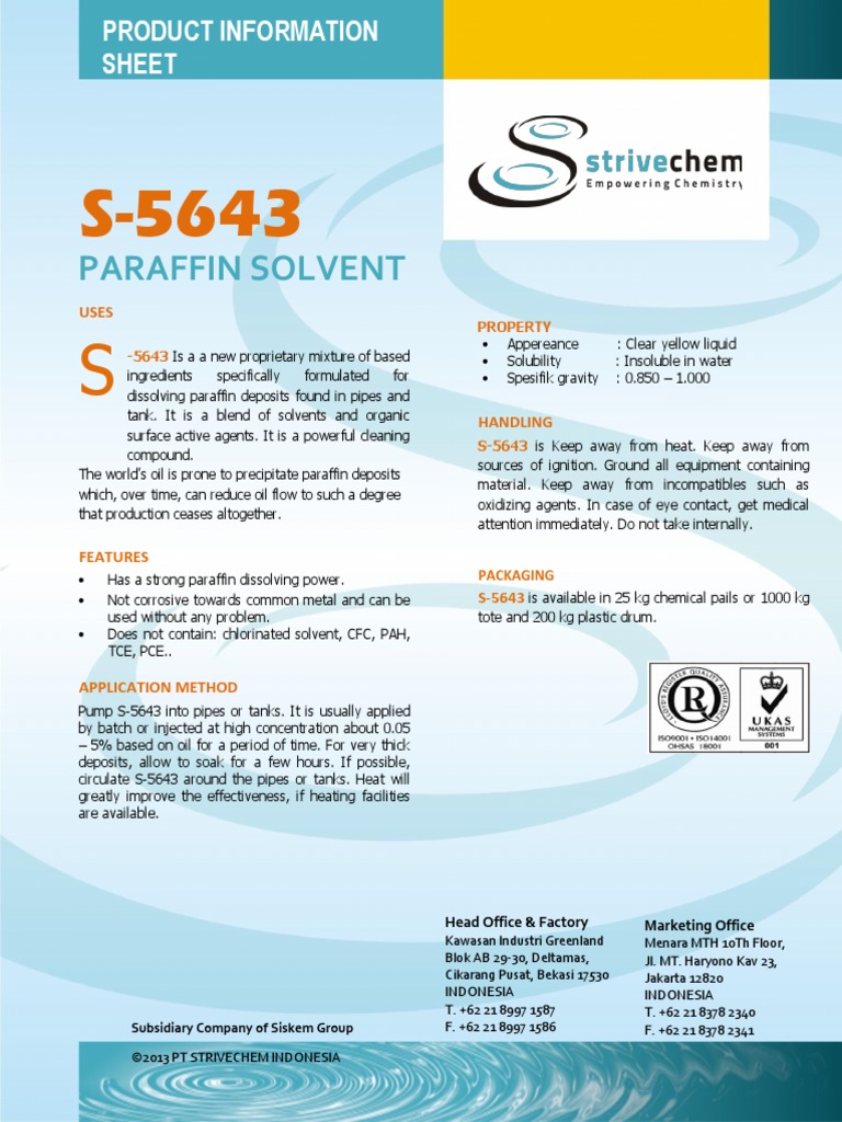 Strivechem S-5643 Paraffin Solvent Data Sheet | PDF | Solvent | Kerosene