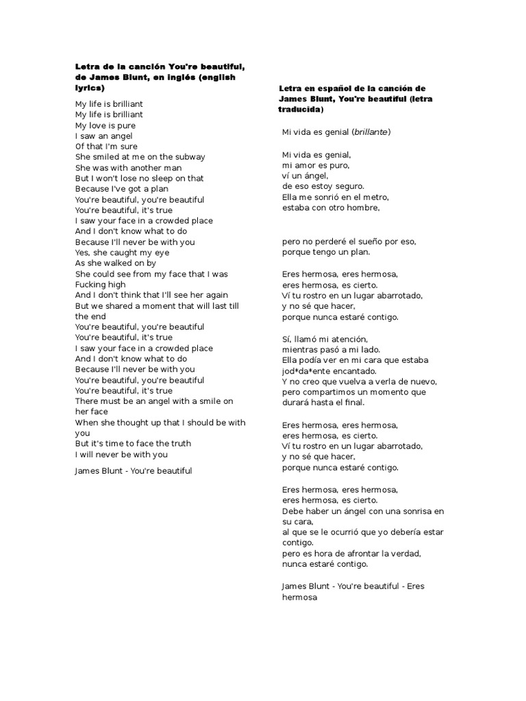 Letra en Español de La Canción de James Blunt, You'Re Beautiful (Letra ...