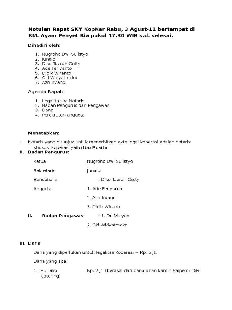 Notulen Rapat SKY KopKar Ayam Penyet Ria | PDF