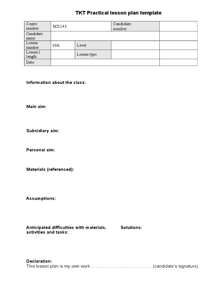 TKT Practical Lesson Plan TemplateV2 2016 2 | PDF