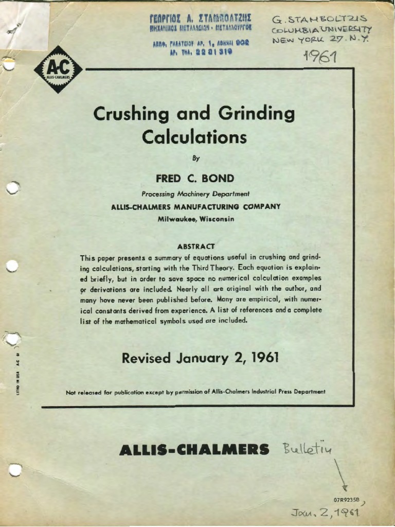 Crushing and Grinding Calculations by Bond | PDF | Mill (Grinding ...