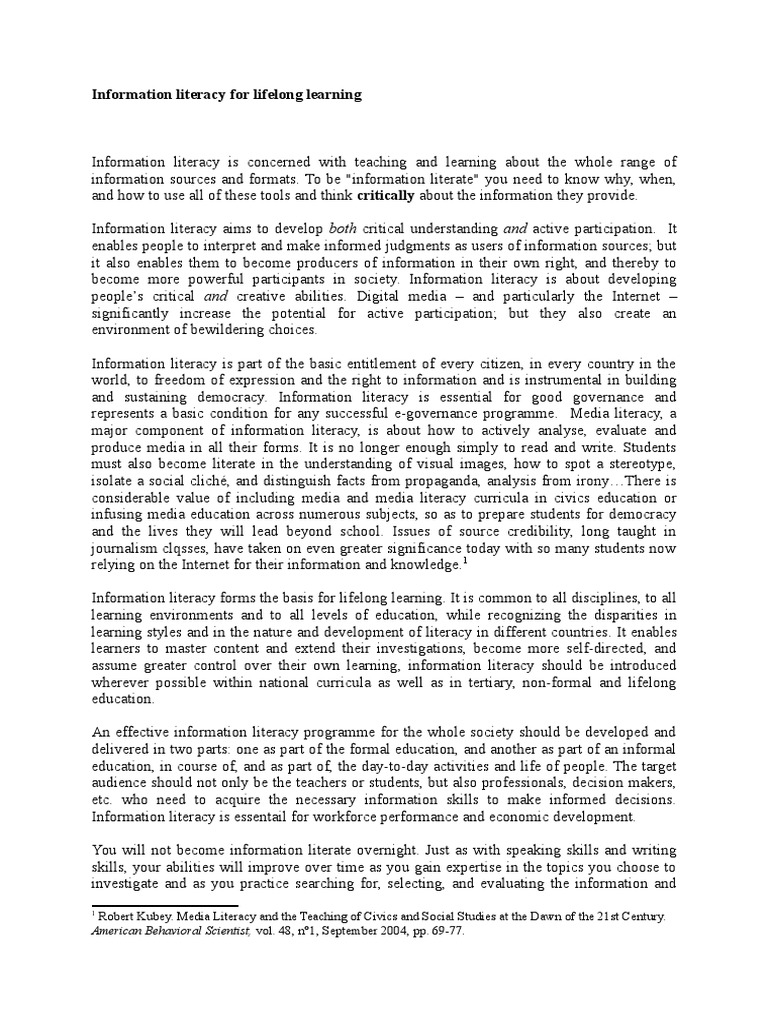Cultivating Lifelong Learning: An Introduction to Information Literacy ...