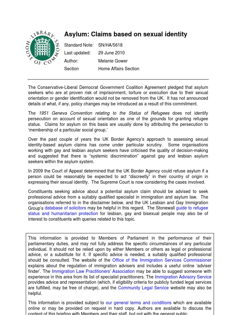 Uk Parliament Briefing Note On Lgbt Asylum Pdf Asylum Seeker Refugee