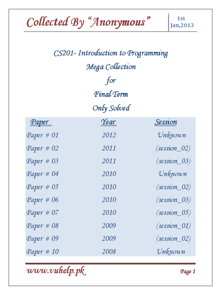CS201 Mega Collection of Final Term Papers PDF | PDF | Pointer (Computer Programming) | Subroutine