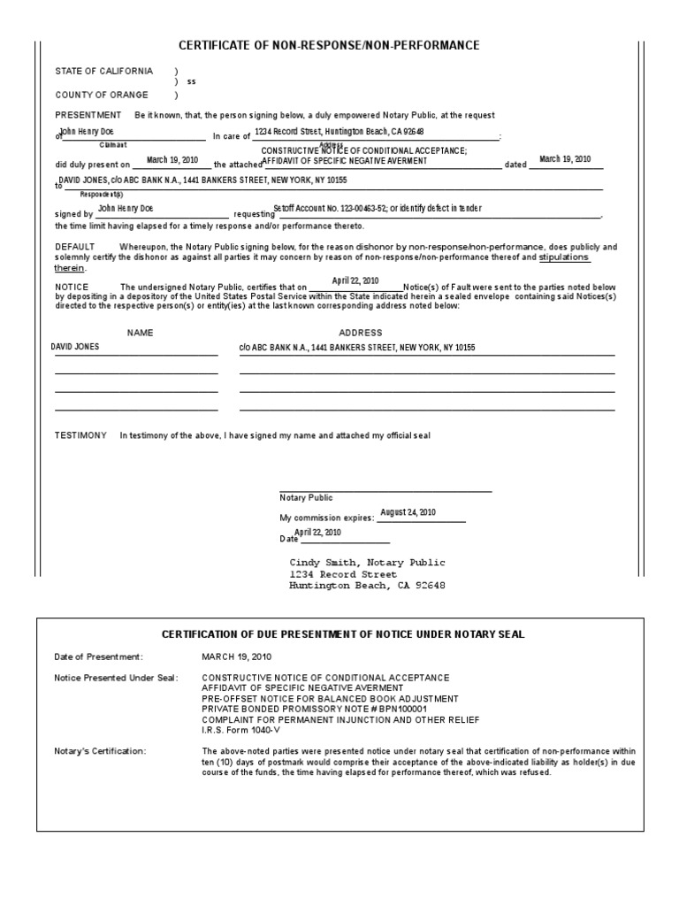 Certificate of Non-Response in California | PDF | Notary Public | Banks