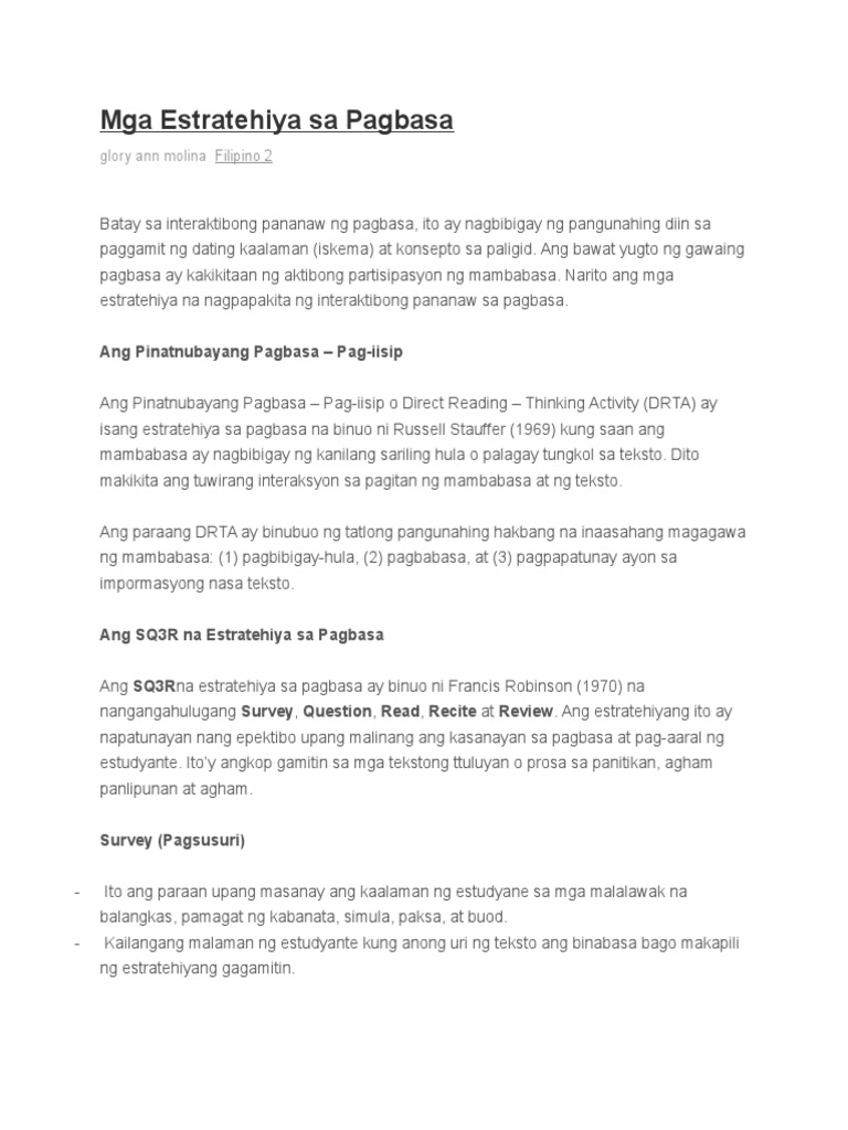 Mga Estratehiya Sa Pagbasa | PDF