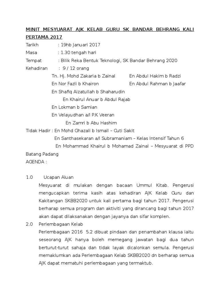 Minit Mesyuarat Ajk Kelab Guru 1 2017 | PDF