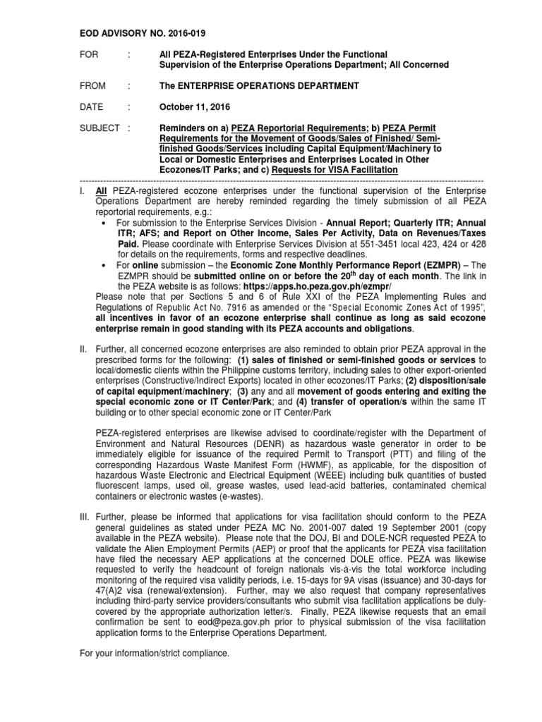 Advisory No 2016 019 Reminders on PEZA Reportorial Requirements, PEZA ...
