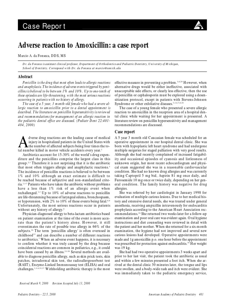 An Adverse Allergic Reaction to Amoxicillin in a Pediatric Dental ...