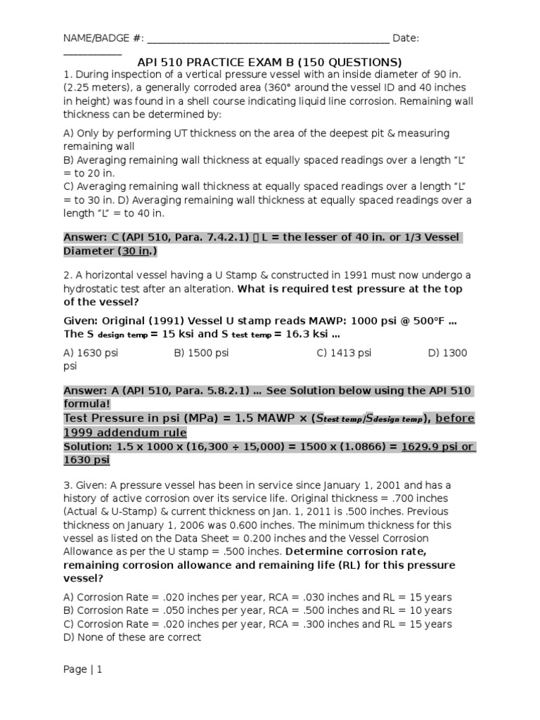 Api 510 Practice Exam B (150 Questions) : Design Temp Test Temp | PDF ...
