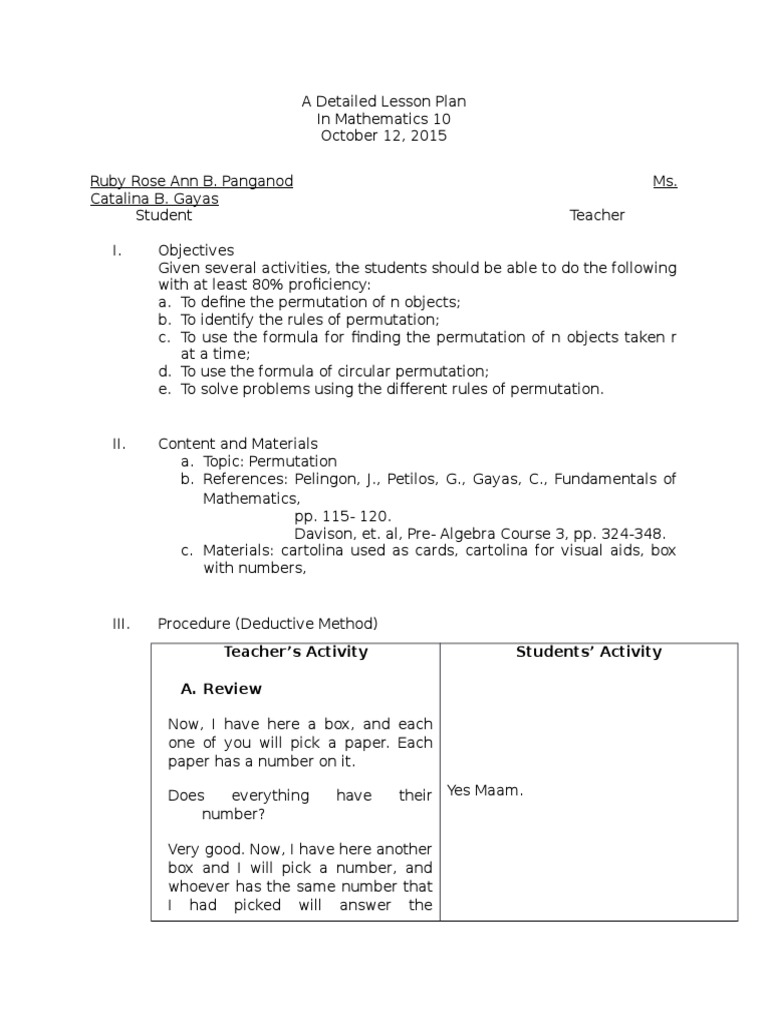 Teacher's Activity A. Review Students' Activity | PDF | Permutation ...